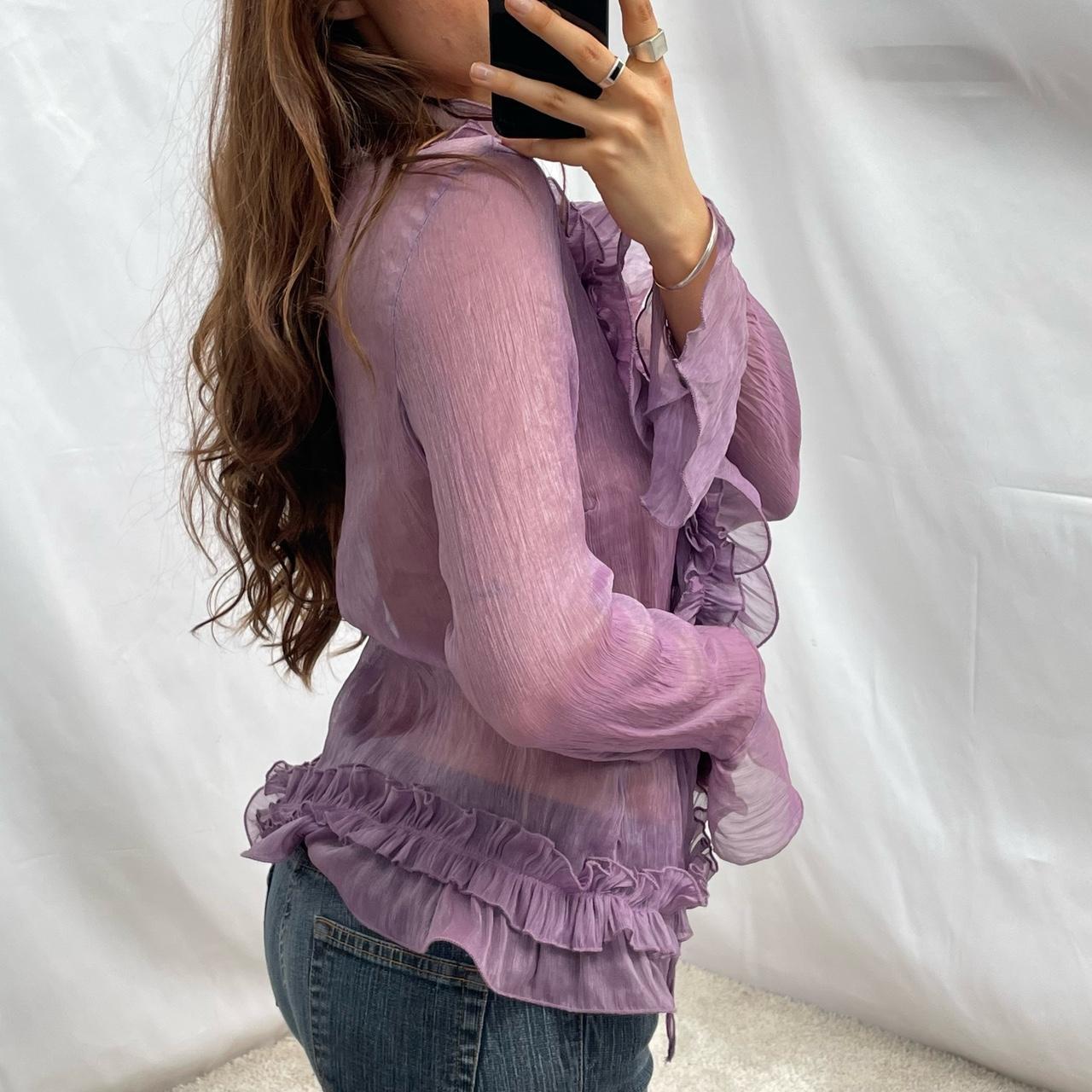 Vintage purple sheer mesh long sleeve tie up blouse... - Depop