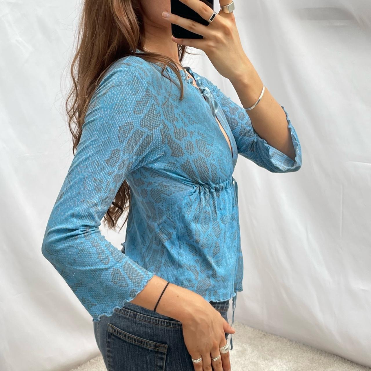 Vintage blue sheer long sleeve tie up blouse... - Depop