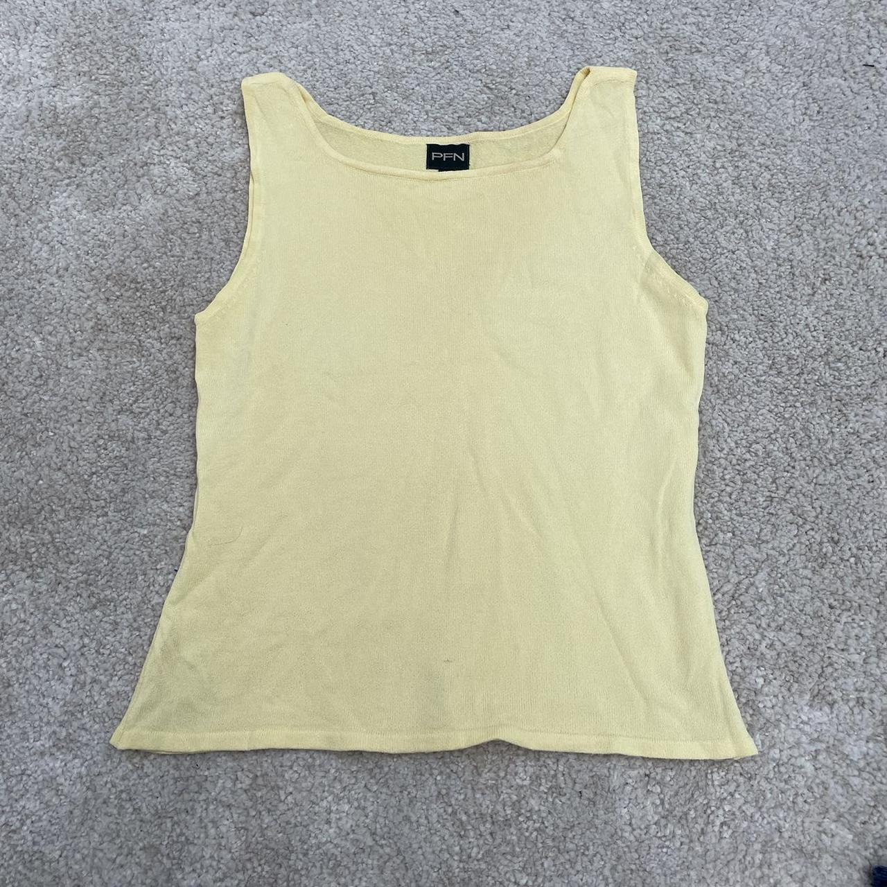Vintage pale yellow knit high slit neck tank top... - Depop