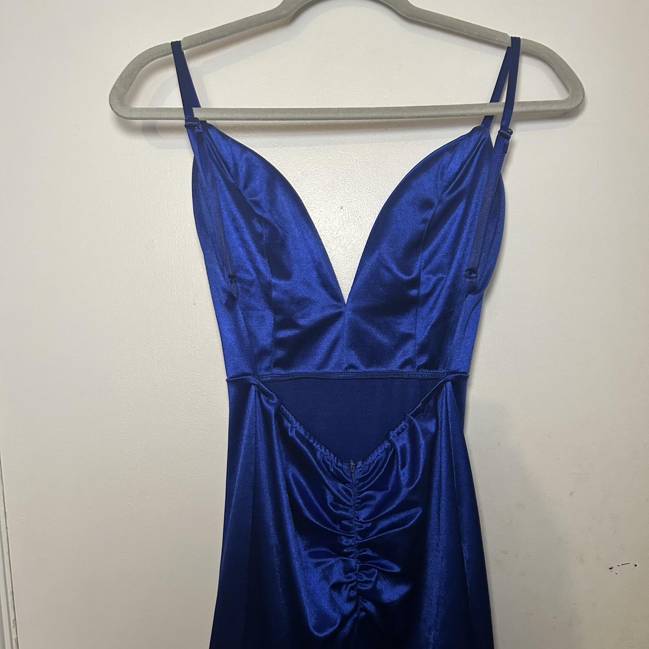 Blue Silk prom dress with a slight ruched bum... - Depop