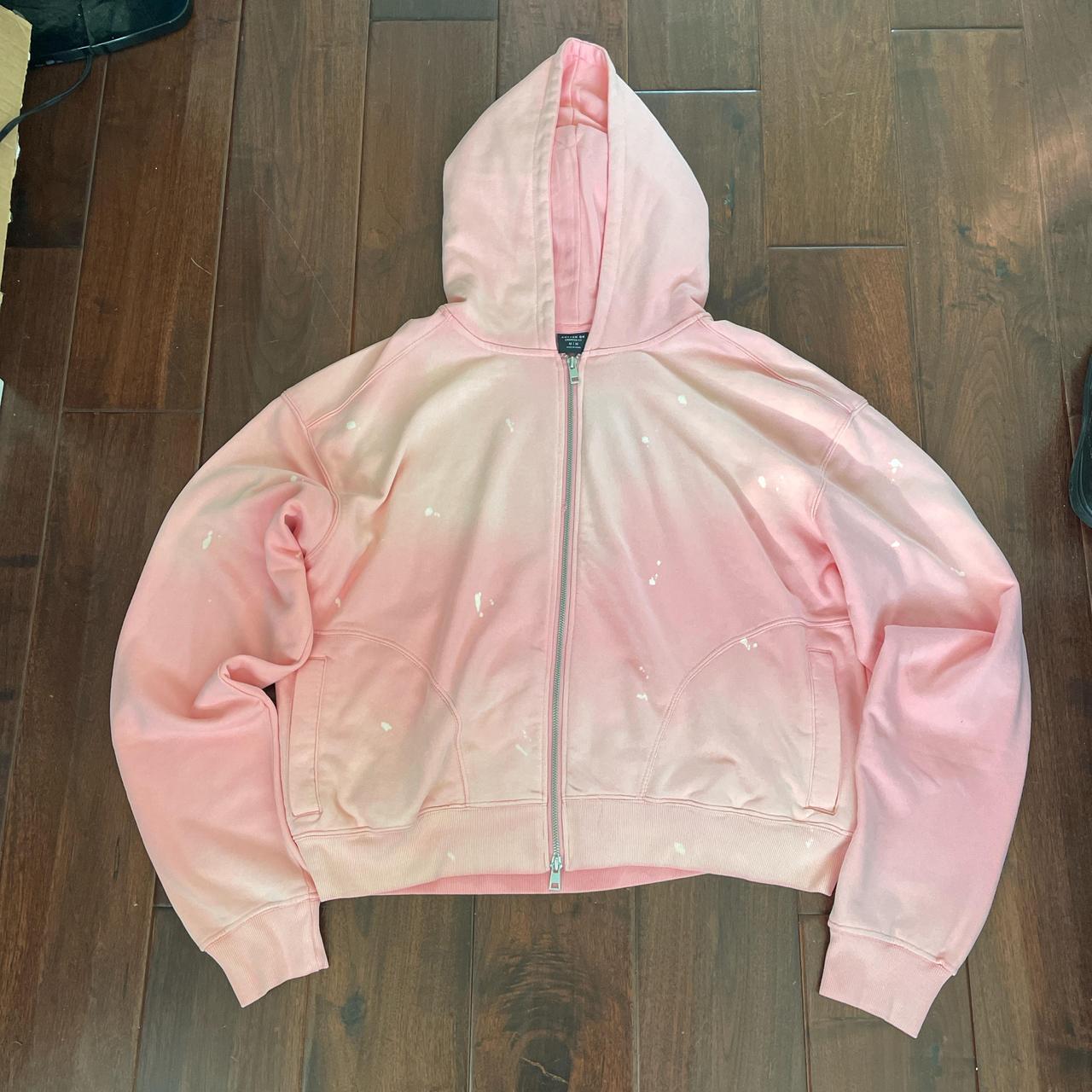 Pink white washed and paint splatter cropped design... | Depop