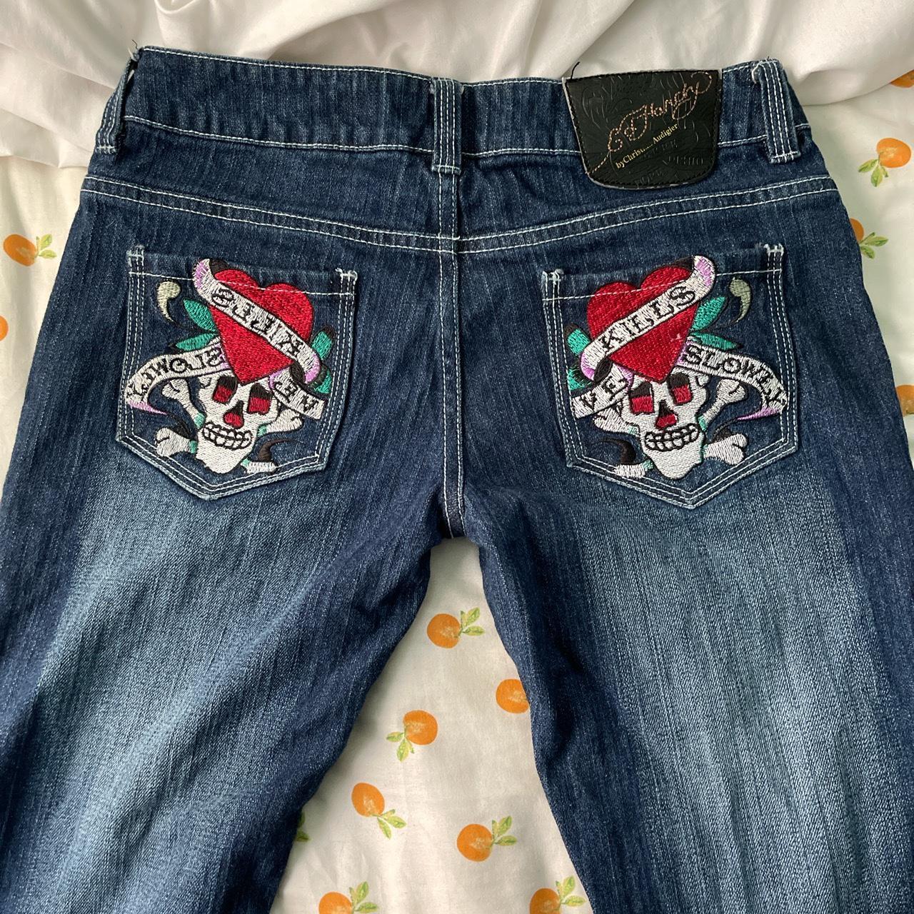 Vintage Ed Hardy denim jeans with embroidery on the... - Depop