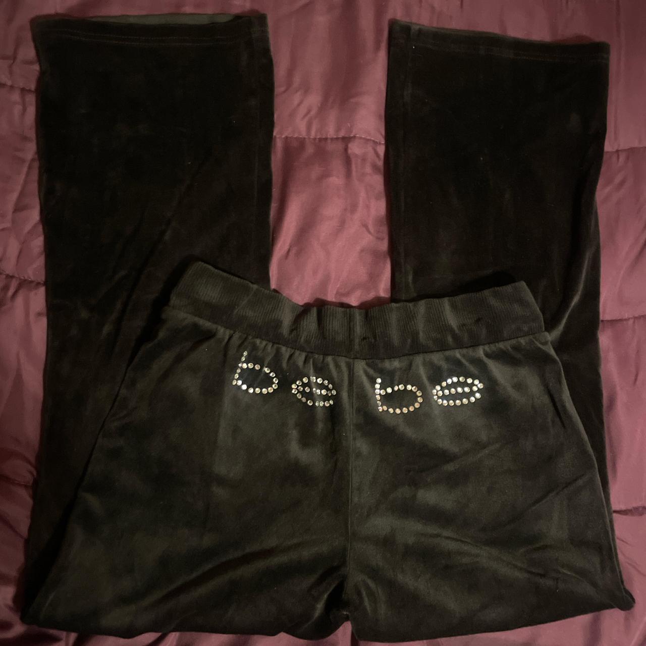 Black velvet Bebe sweatpants with rhinestone logo... | Depop