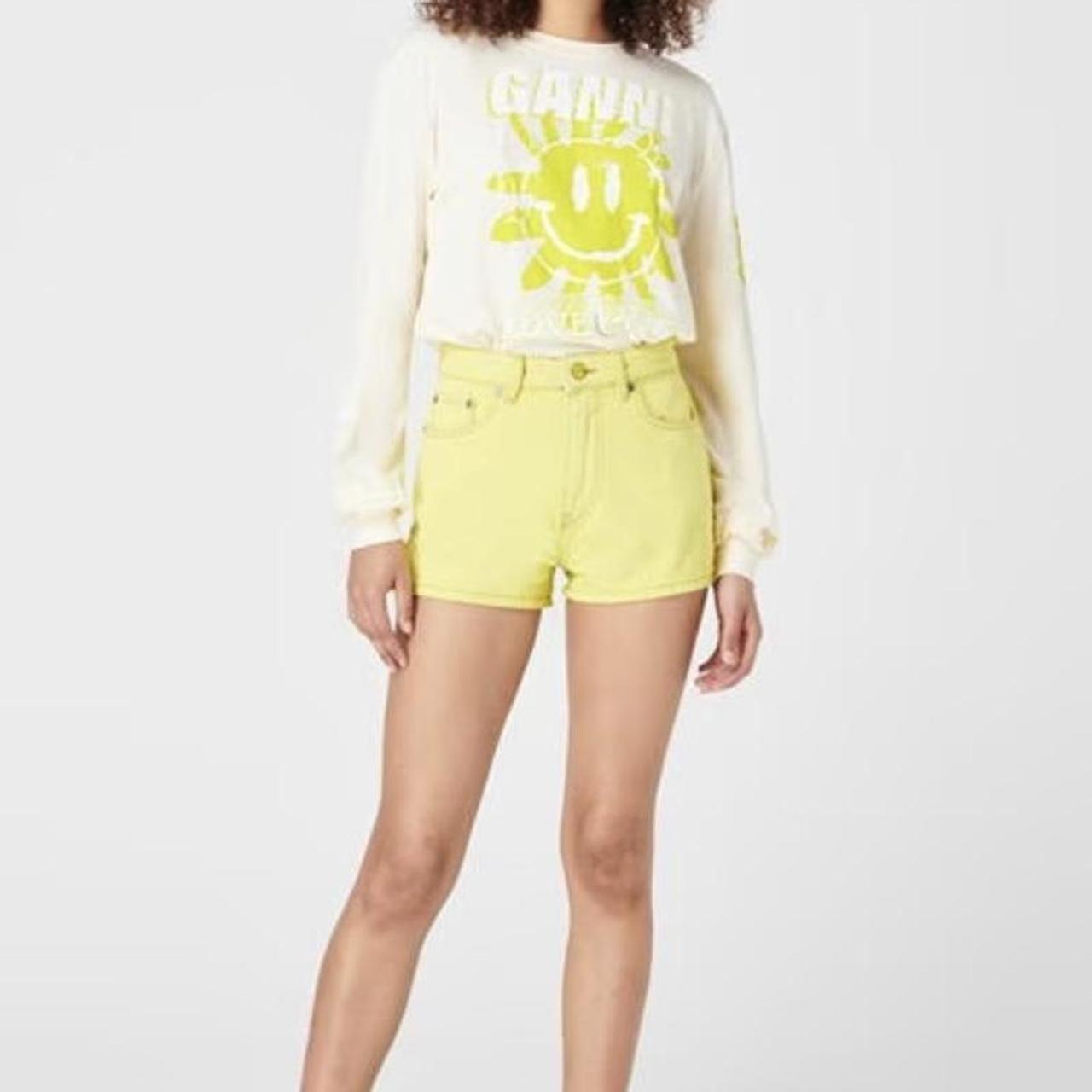 Ganni yellow high waist denim shorts with yellow... - Depop