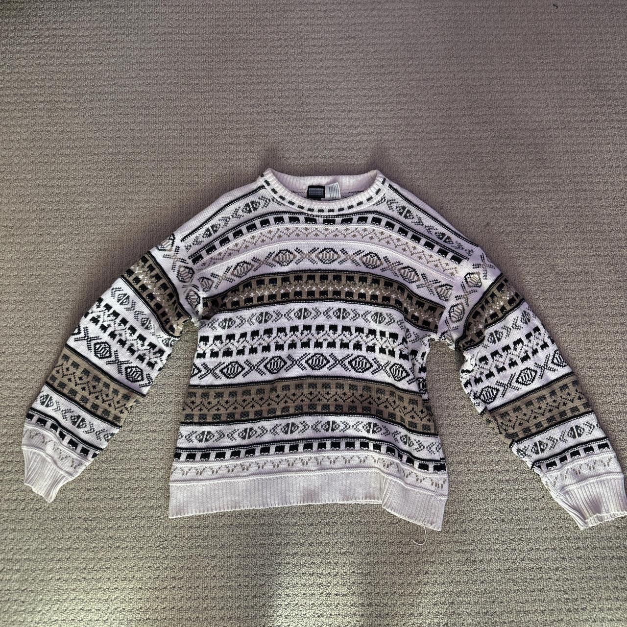 Vintage, Large brown grey white and black sweater,... - Depop