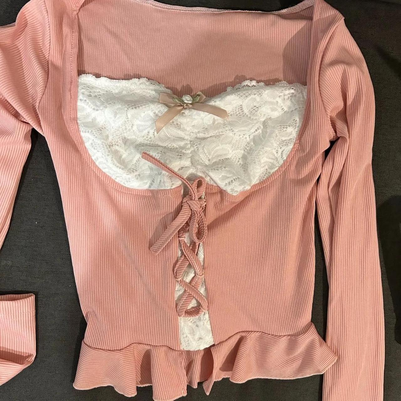 Pink coquette longsleeve 🎀 With white lace, bows and... - Depop