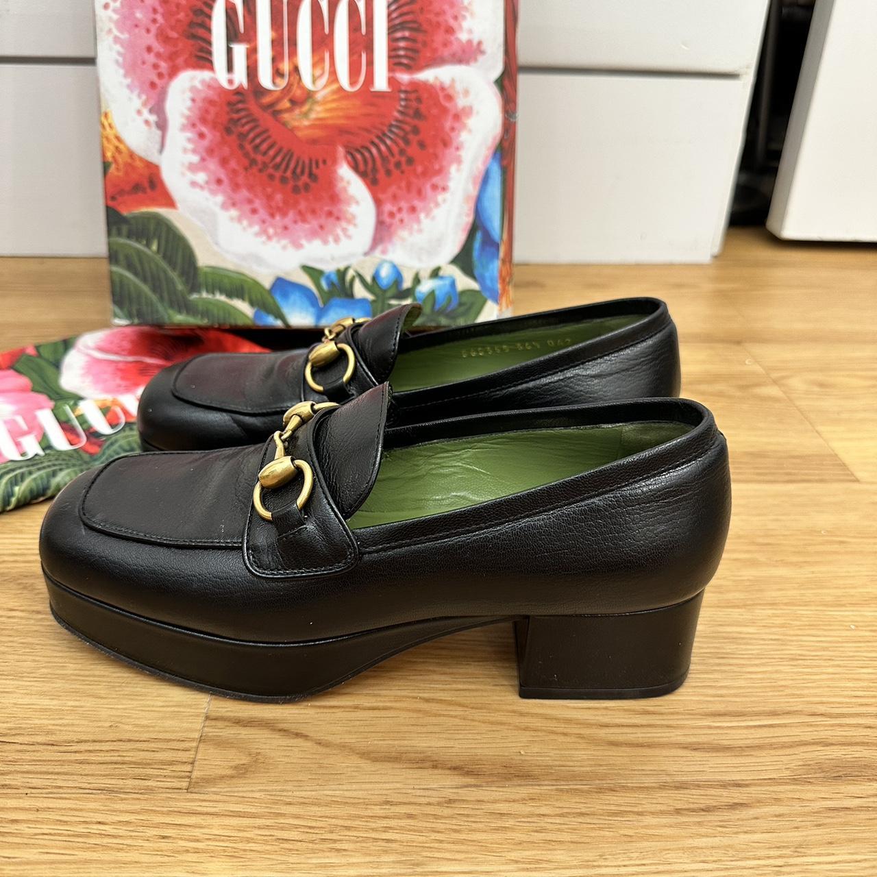 Gucci hard bottom heeled black leather loafers with... - Depop