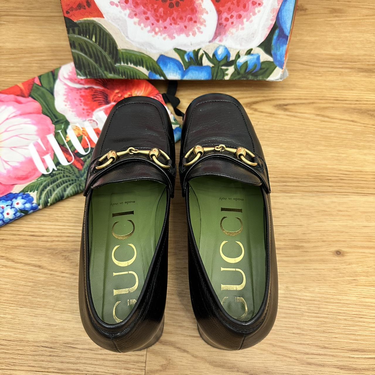 Gucci hard bottom heeled black leather loafers with... - Depop