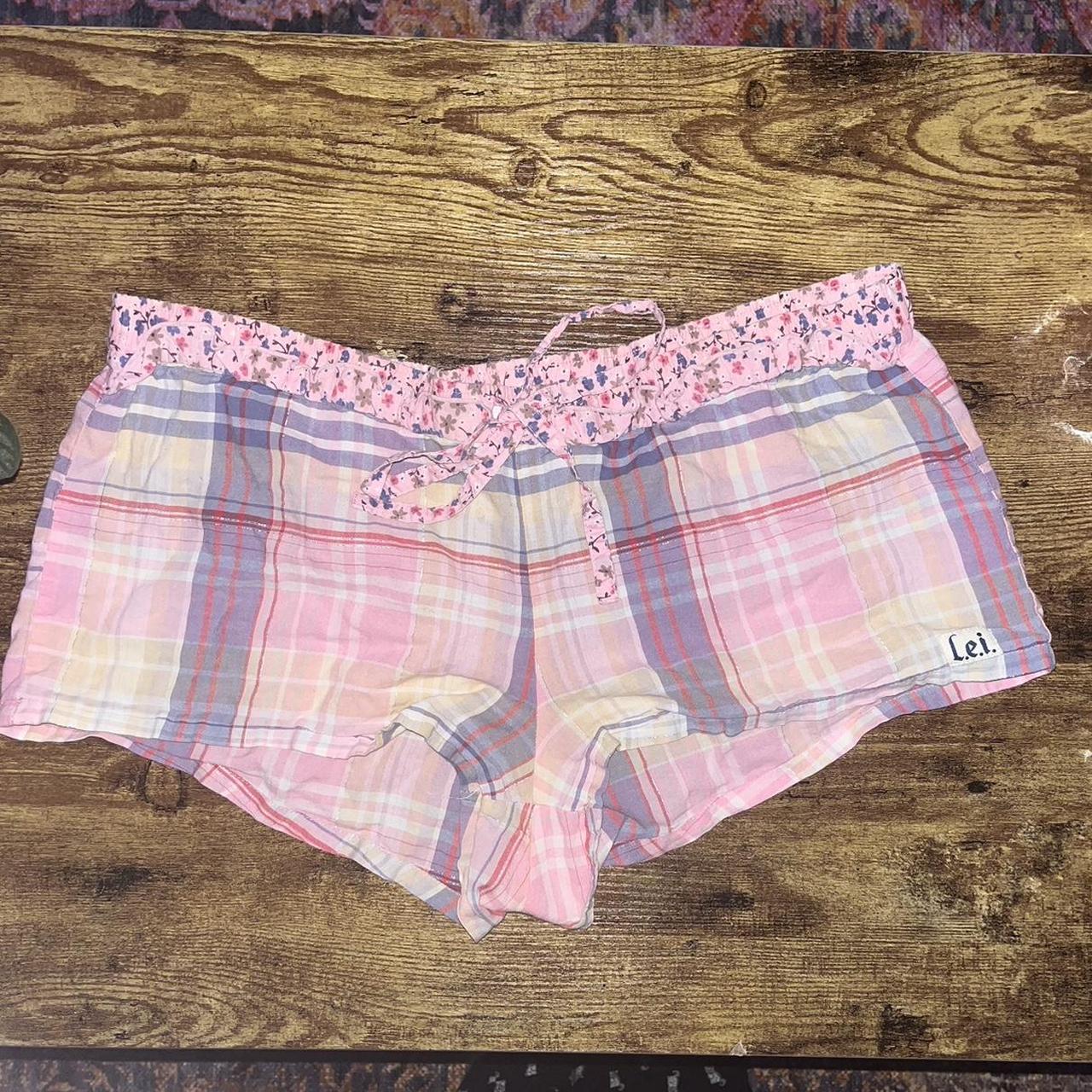large pink flannel pajama boxer short with floral... - Depop