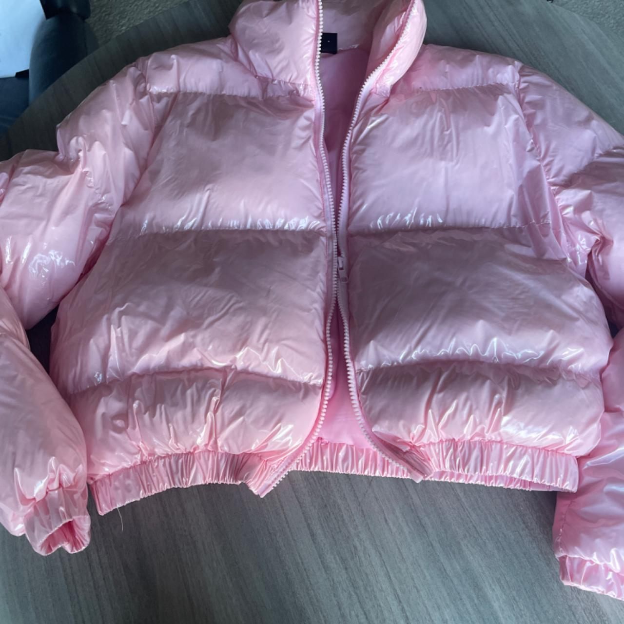 pink vinyl puffer coat - Depop