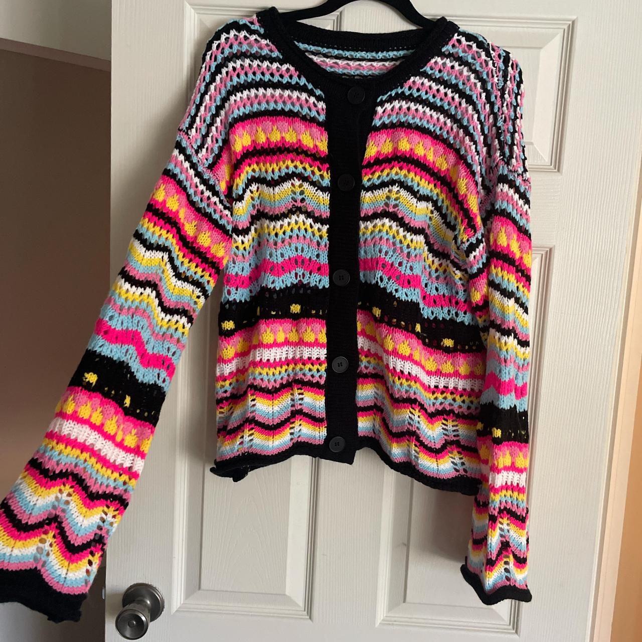 HANDMADE CROCHET CARDIGAN MULTICOLOR WITH FLARED... - Depop