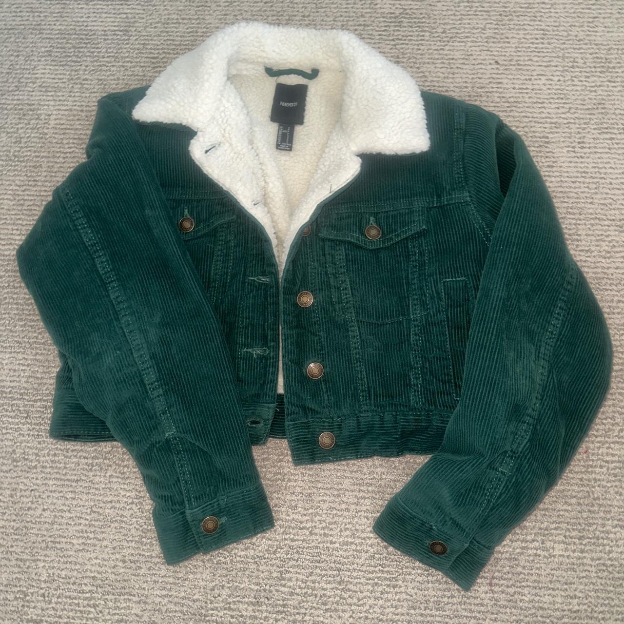 cropped green fuzzy corduroy jacket, small, worn... - Depop