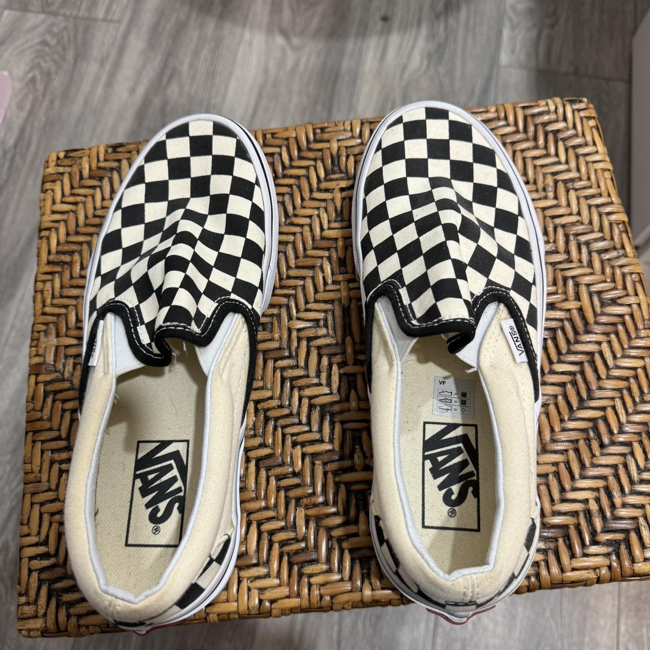 cream and black checkered vans women’s size 7, men’s... - Depop