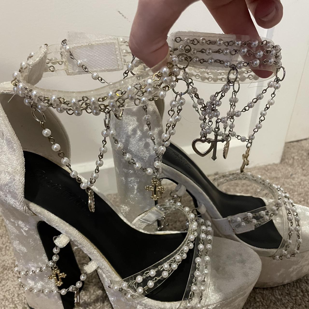 White pearl and chain platform heels with a touch of... | Depop