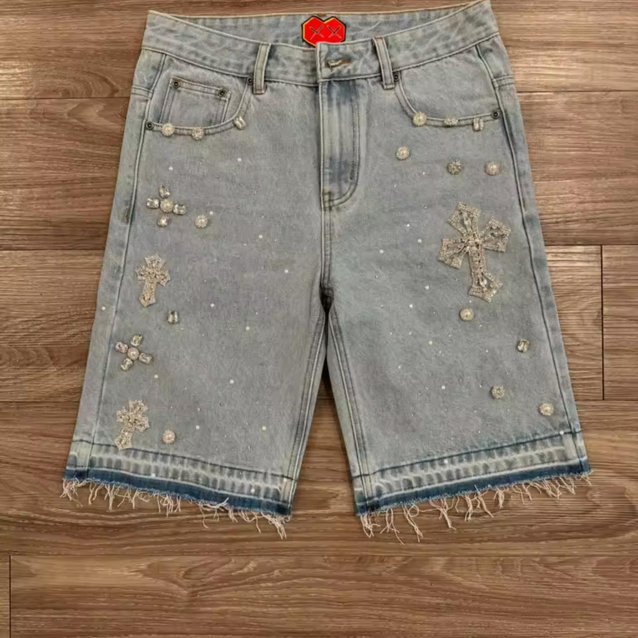 Y2K Diamond Cross Jorts with Rhinestone Streetwear... | Depop