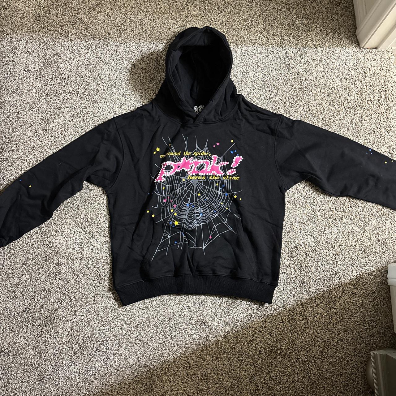 Medium Black/Pink Spider Web Hoodie Sp5der brand... - Depop