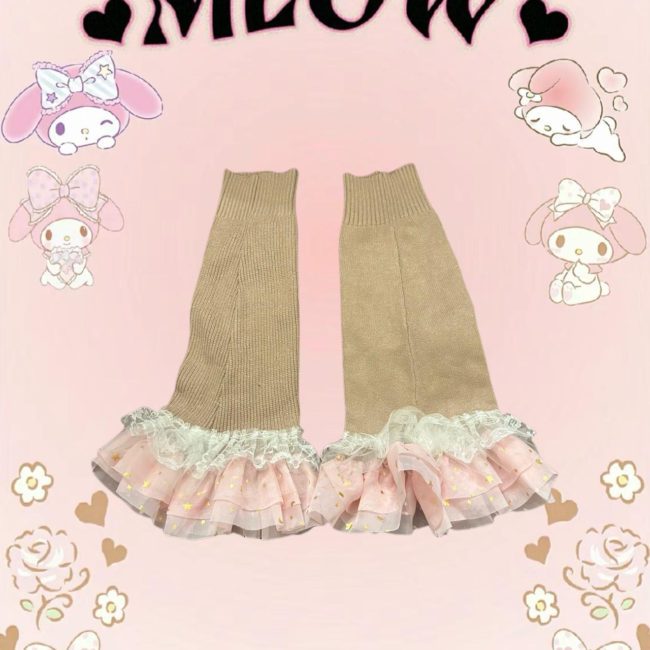 Tan and pink Sanrio Hello Kitty leg warmers with... | Depop