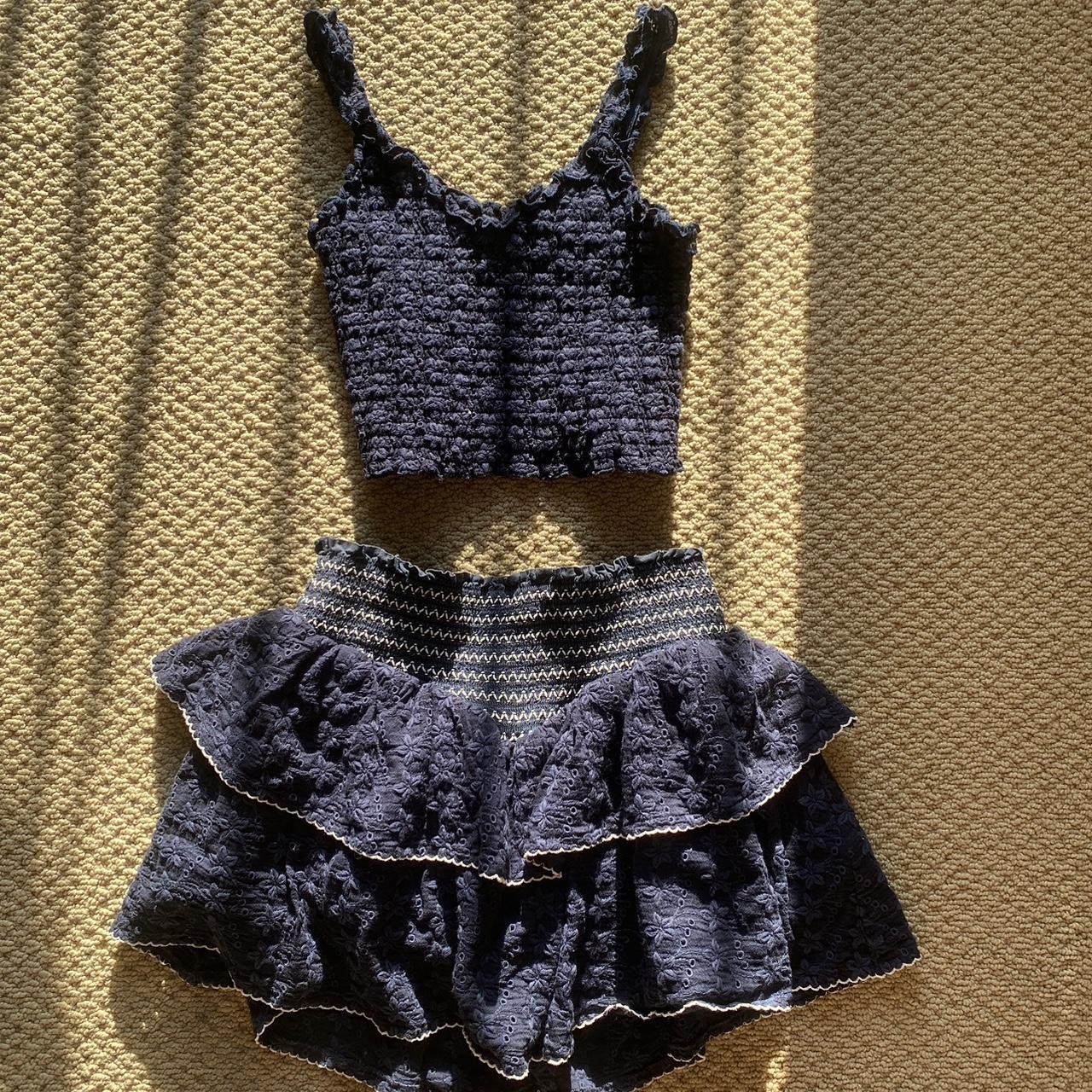 Navy blue crochet set with frilly details, perfect... - Depop