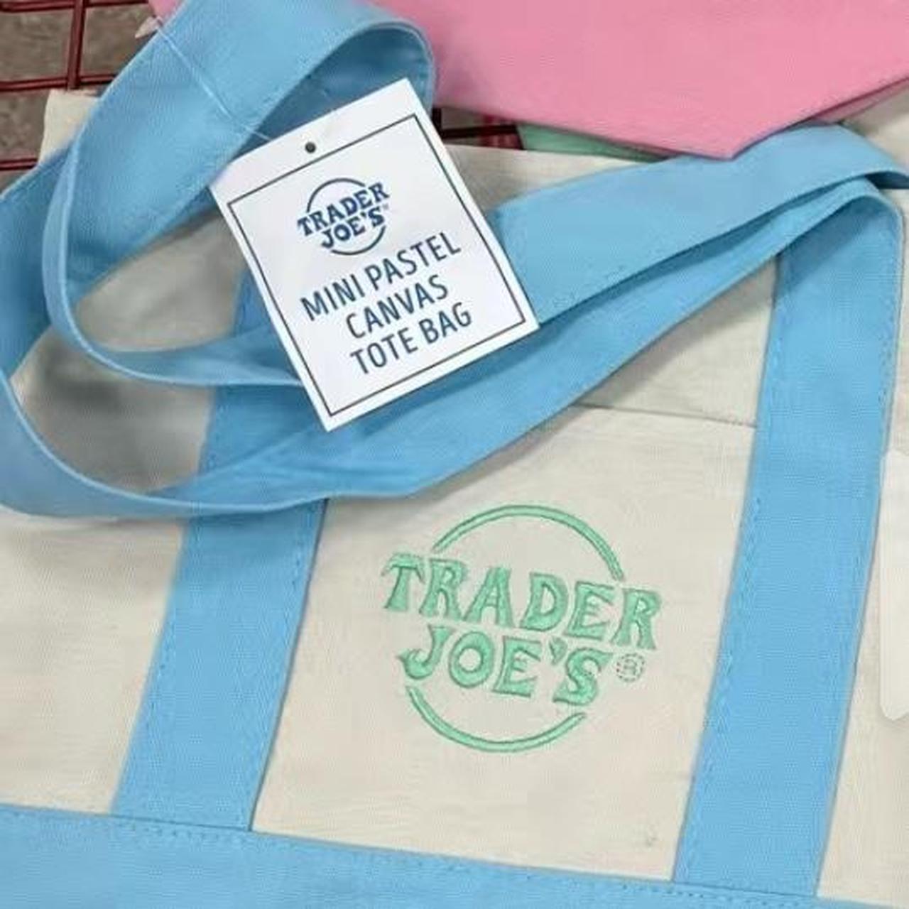 Trader Joe's mini pastel canvas tote bag in blue and... | Depop