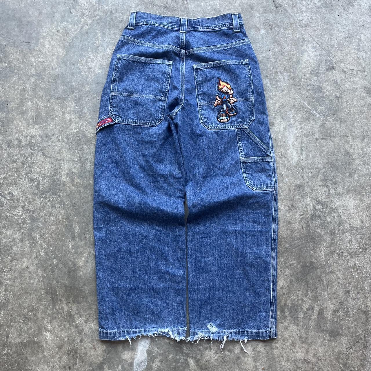 Y2K 2003 blue denim Flamehead Jnco-style wide leg... | Depop