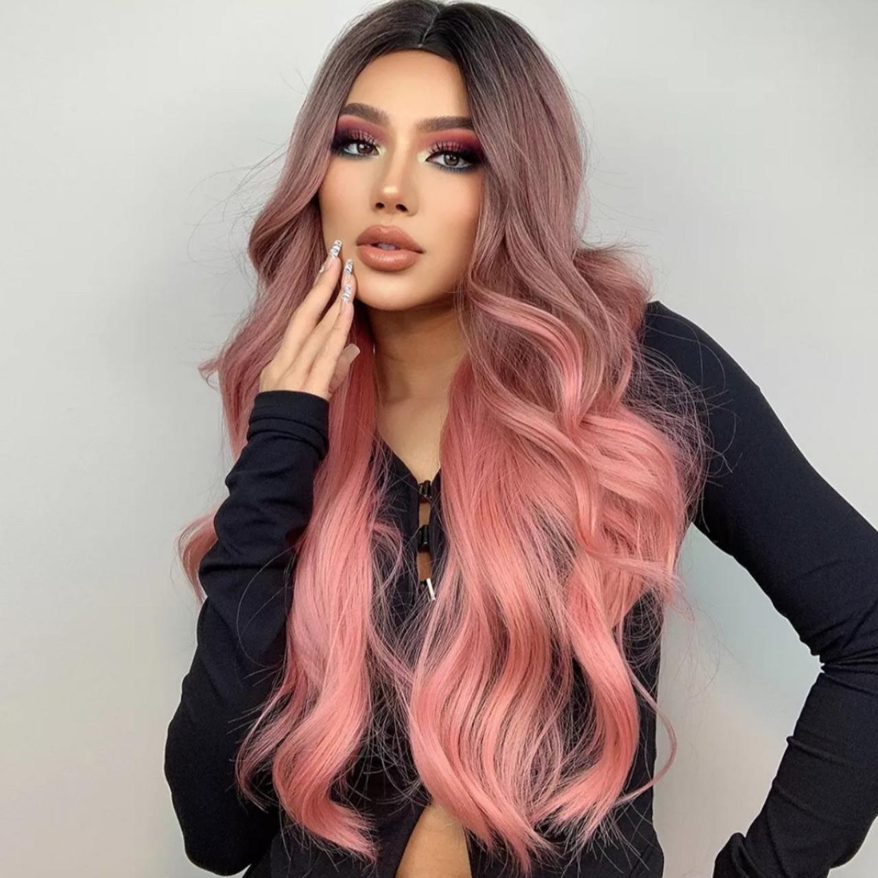 Pink Wavy Wigs With Bangs, Long Dusty Rose Pink... - Depop