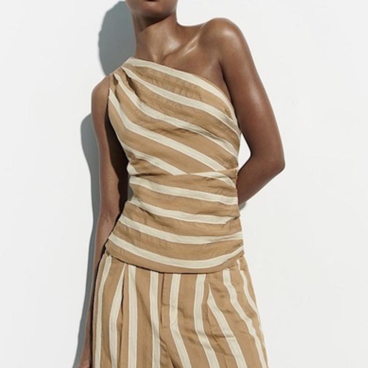 Zara one shoulder tan striped top. size xsmall never... - Depop