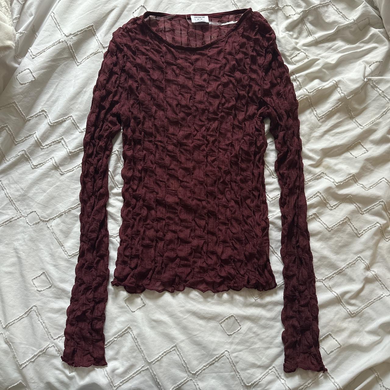 Sheer maroon ruffled long sleeve shirt - Depop