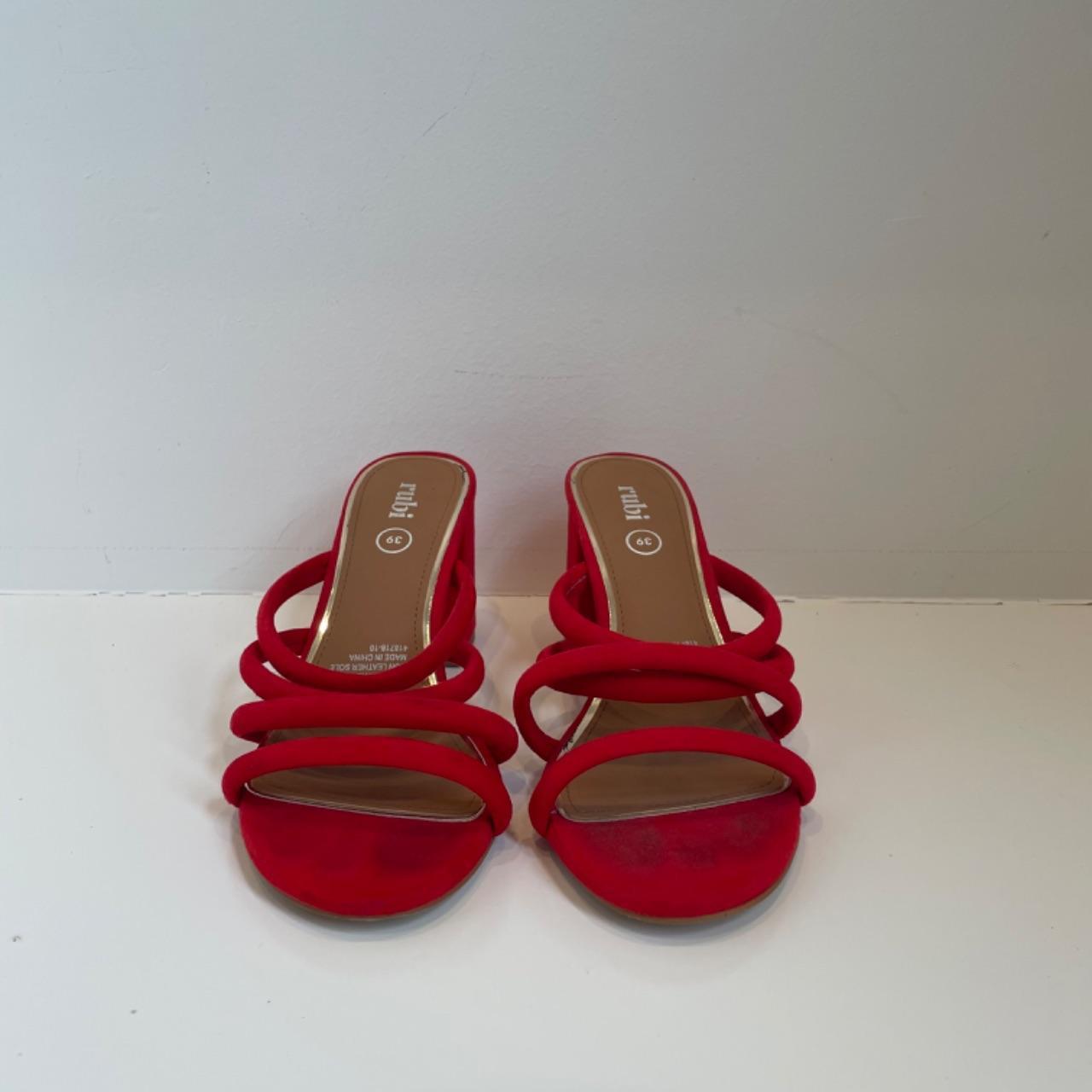 Red faux suede, Rubi mules. Size EU 39, 8cm heel.... - Depop