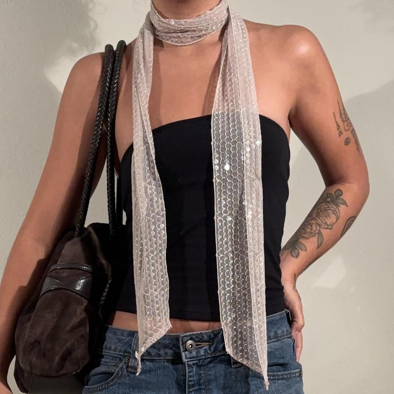 Vintage y2k Sand Color Sequin skinny Scarf See... - Depop