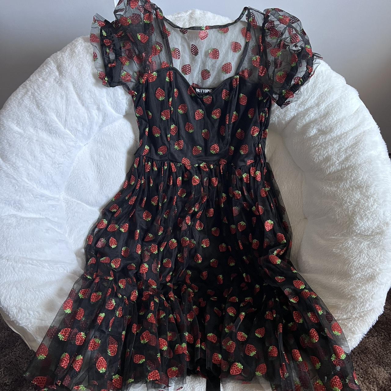 hot topic mid length strawberry dress never worn,... - Depop