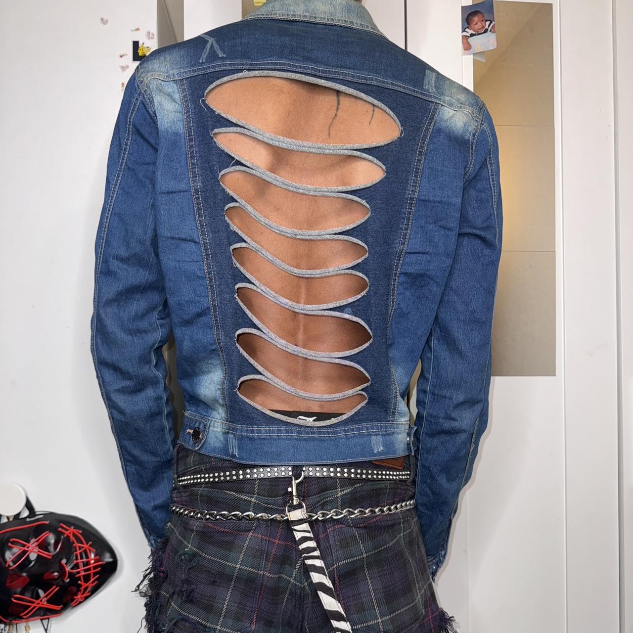 Distressed slashed denim jacket fits like a medium | Depop