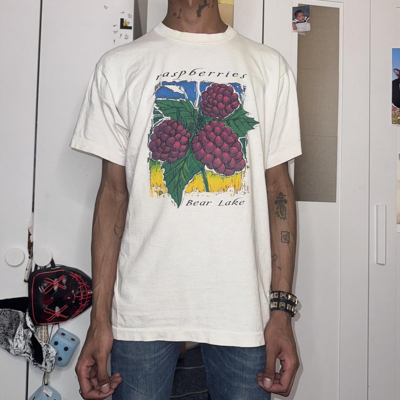 Vintage 1980s raspberry tee tag says large fits like... | Depop