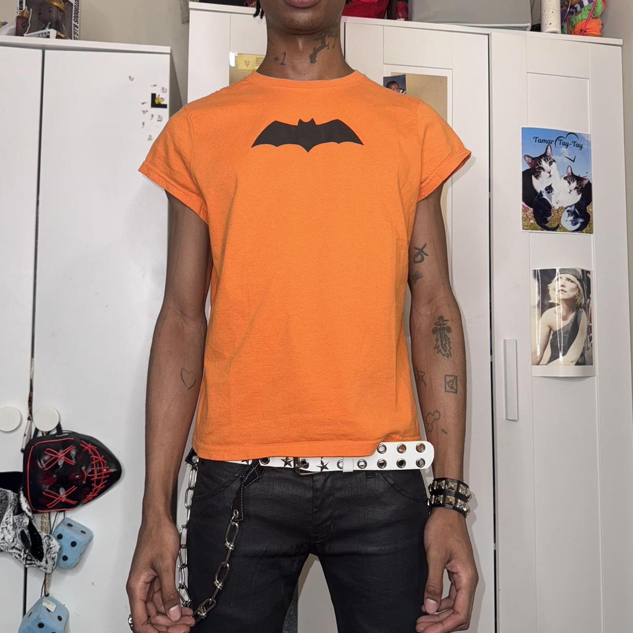 2000s Halloween vibe bat logo tee tag says xxl fits... | Depop