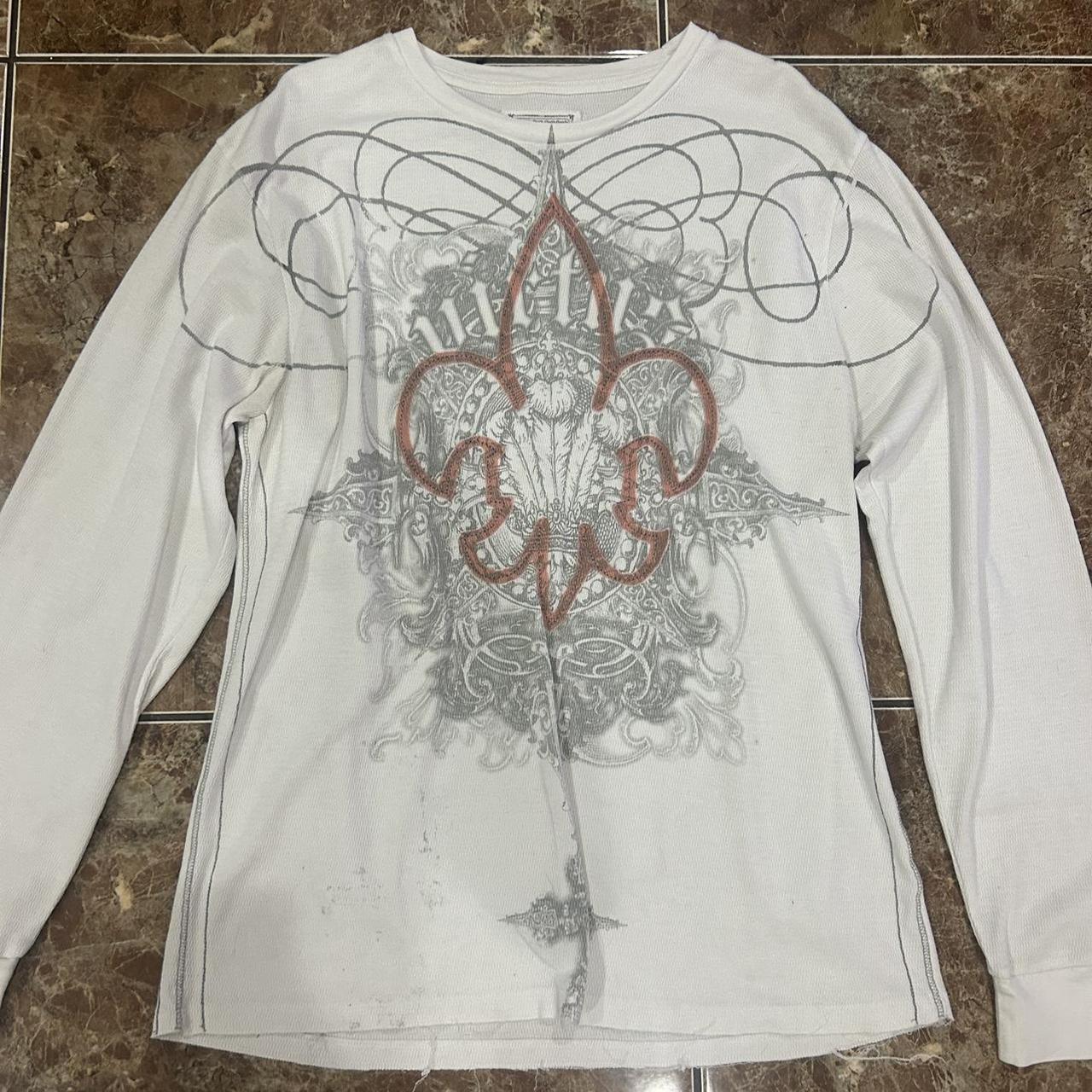 xl affliction white thermal long sleeve fits like... - Depop