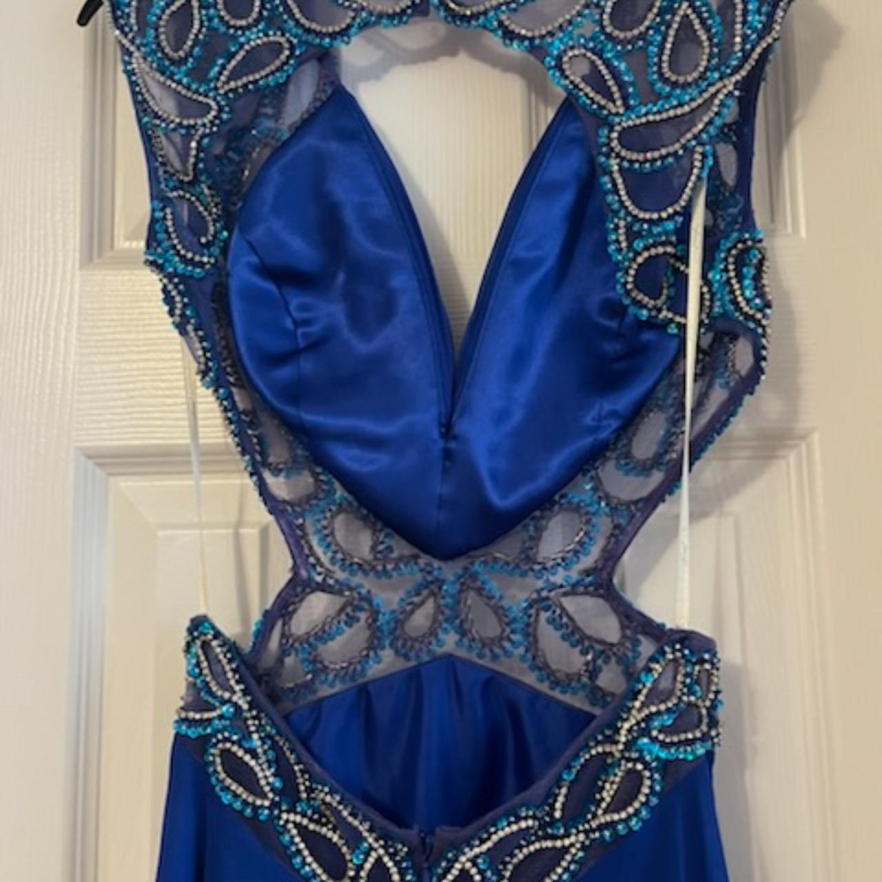 Blue prom dress, lots of beading, open back, capped... - Depop