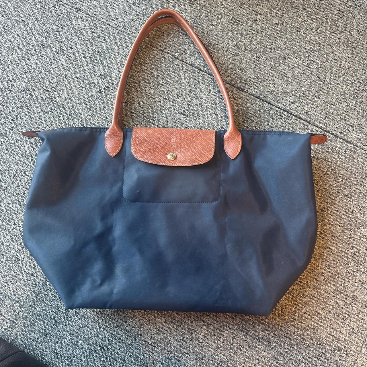 Navy and tan Longchamp Le Pliage tote bag #preppy... | Depop