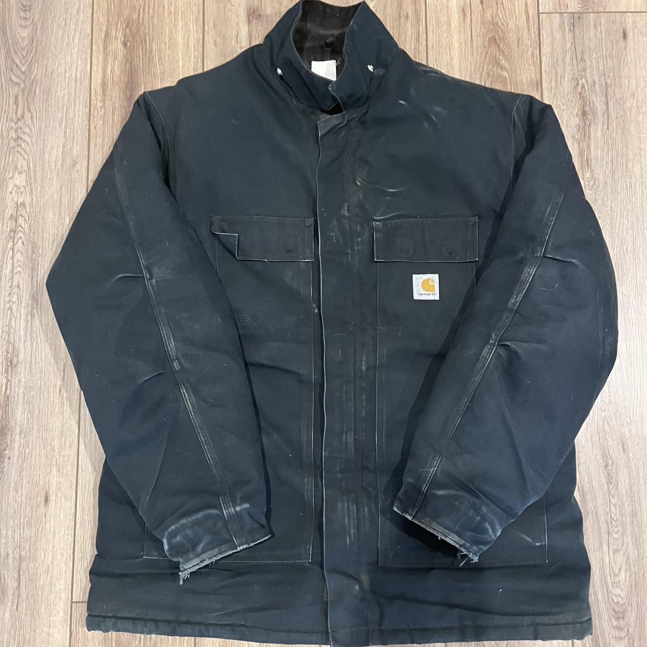 80s Carhartt black work jacket with paint marks... - Depop