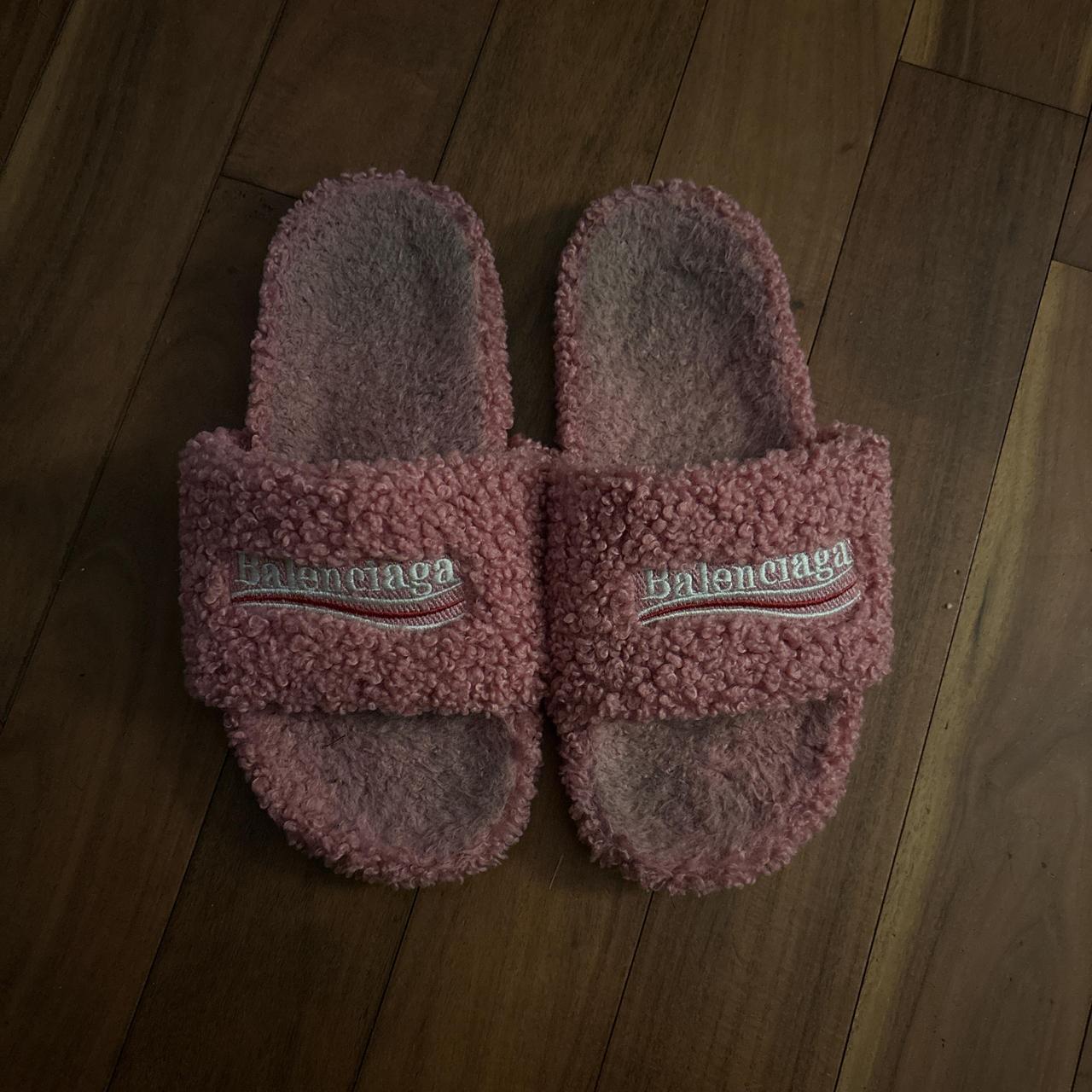 Pink balenciaga fluffy slides Size 10-11 Great... | Depop