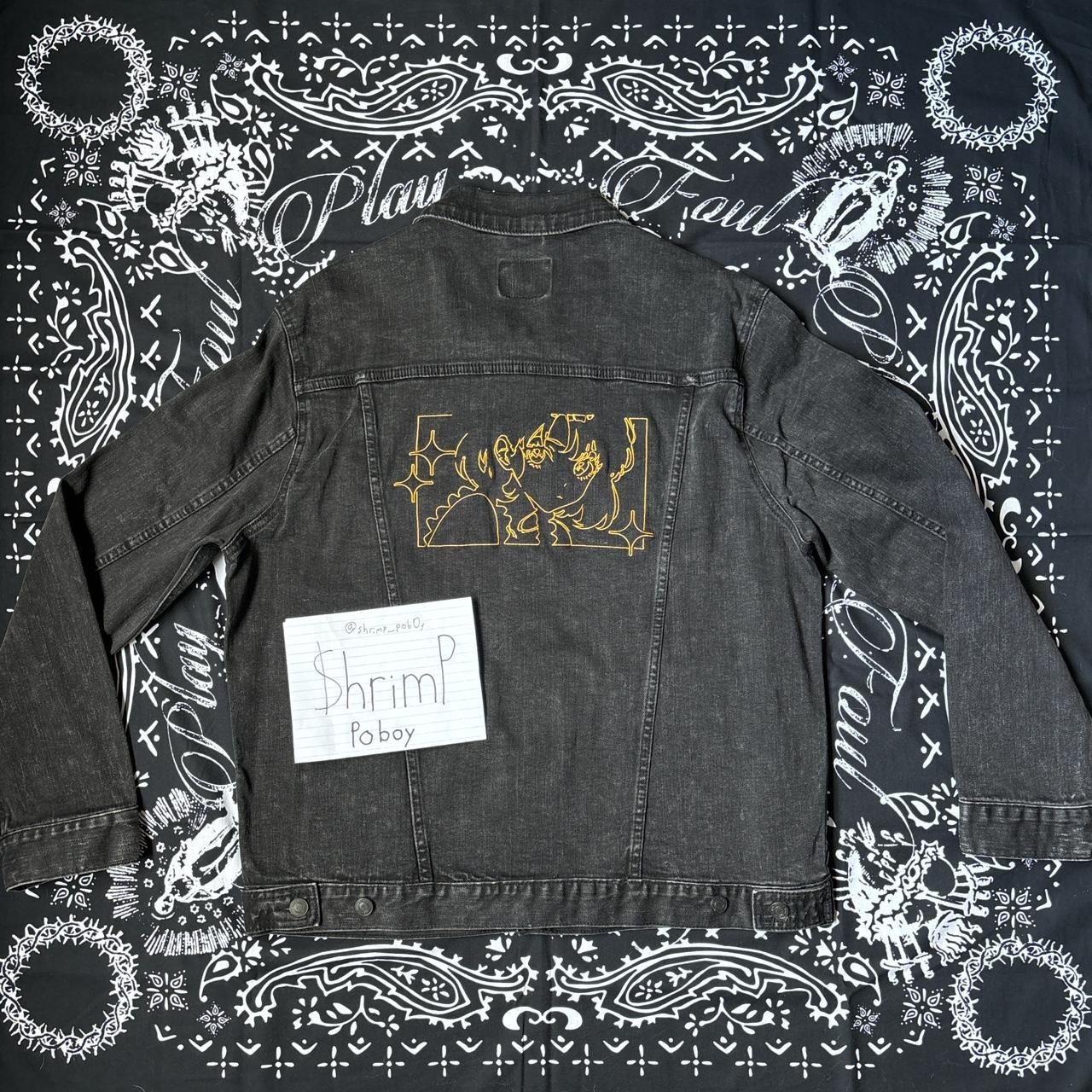 denim jacket embroidered back and front design (dark... - Depop