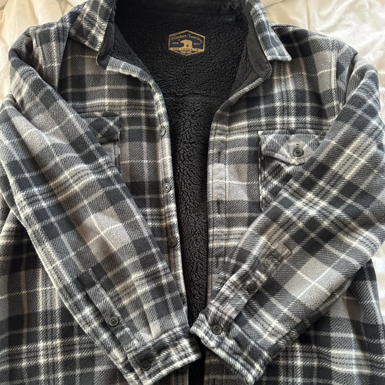 Grey and black flannel jacket with Sherpa lining... - Depop