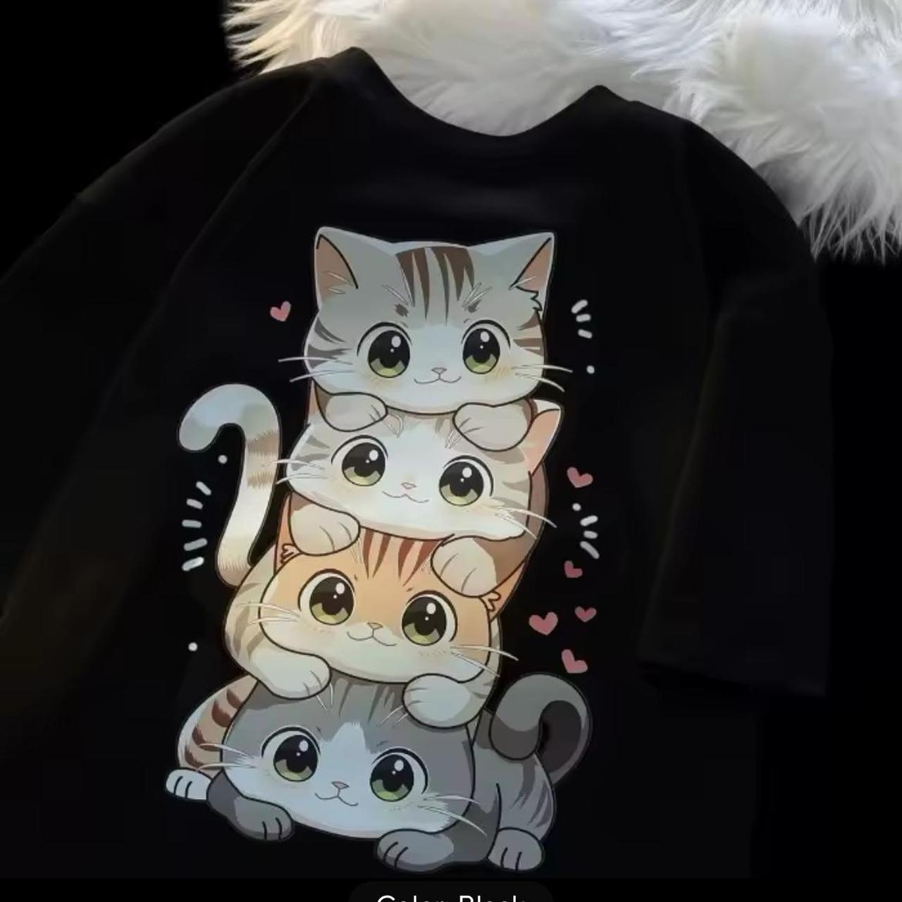 Cute Cartoon Cat T-Shirt – Women’s Casual Loose-Fit... | Depop