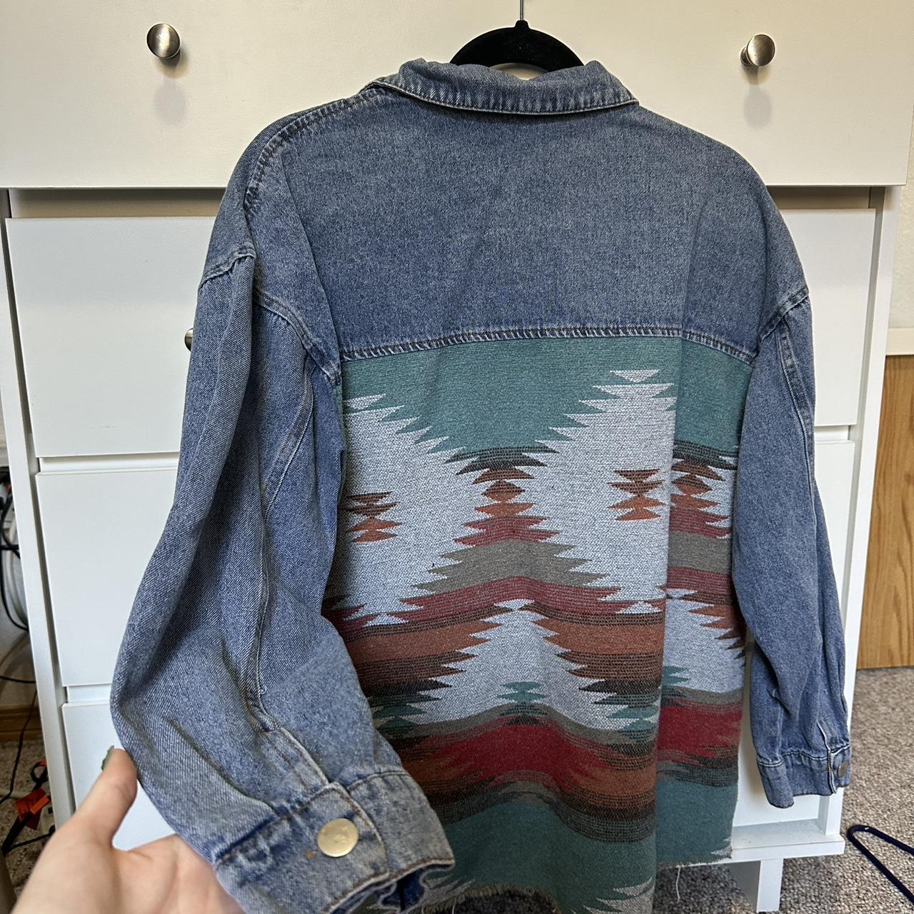 Oversized denim jacket with Aztec print on back,... | Depop