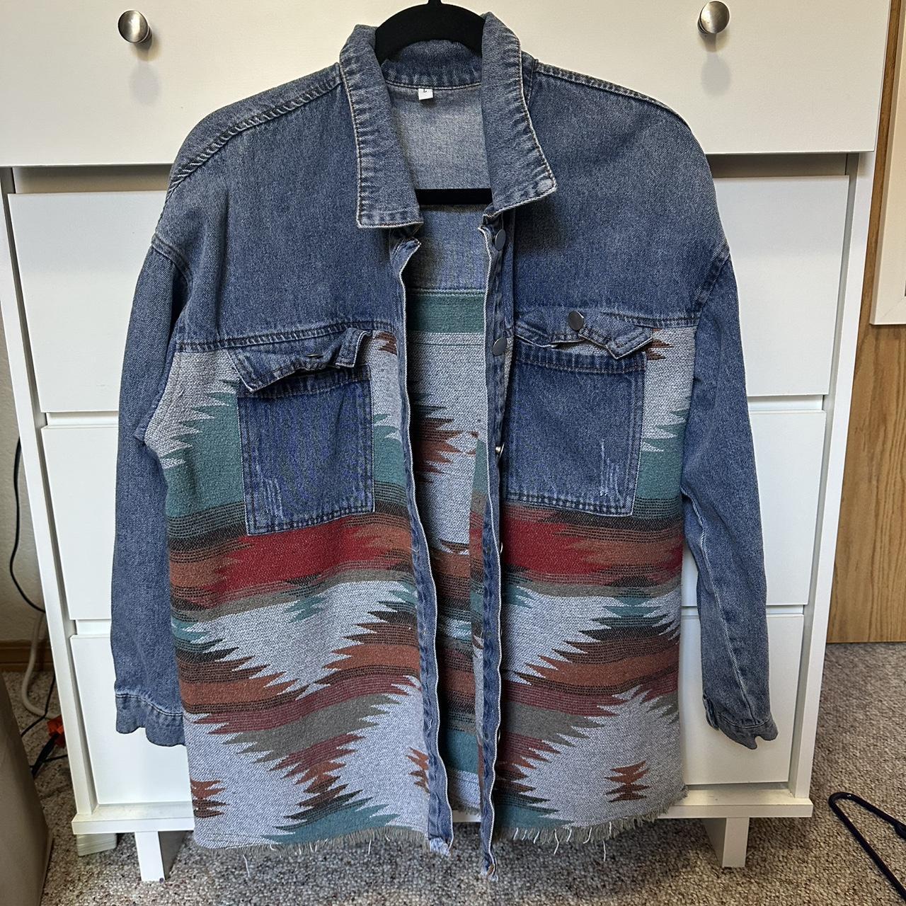 Oversized denim jacket with Aztec print on back,... | Depop