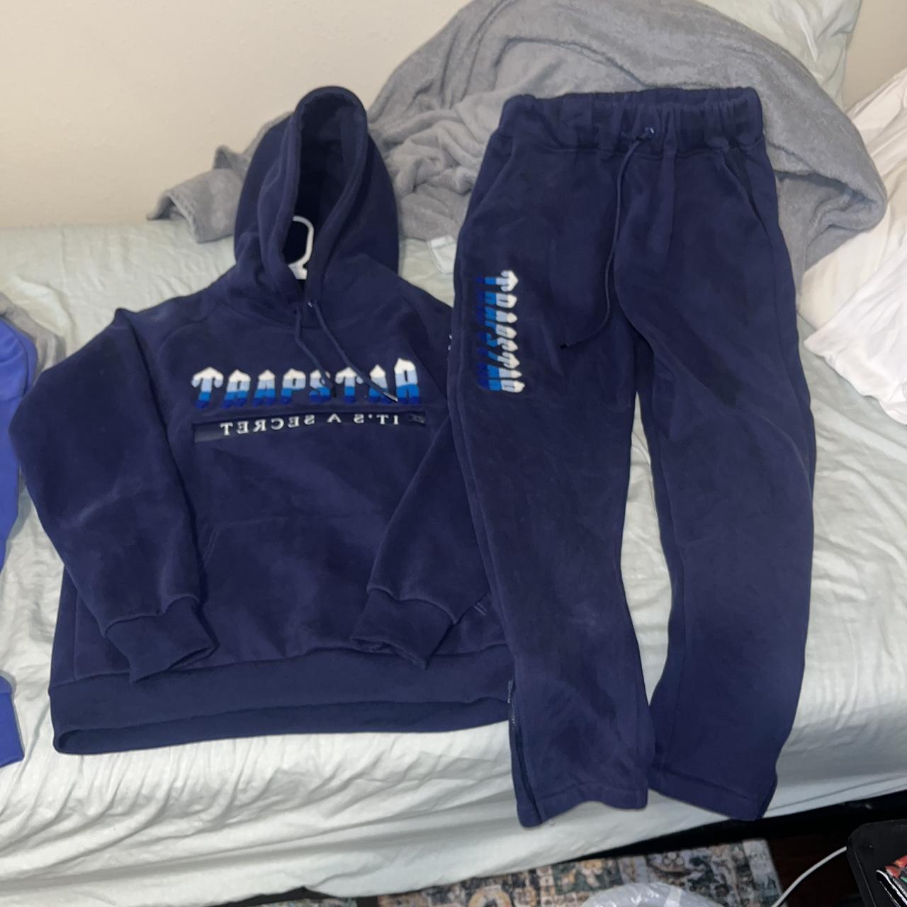 trapstar track suit navy blue size M small hole in... - Depop