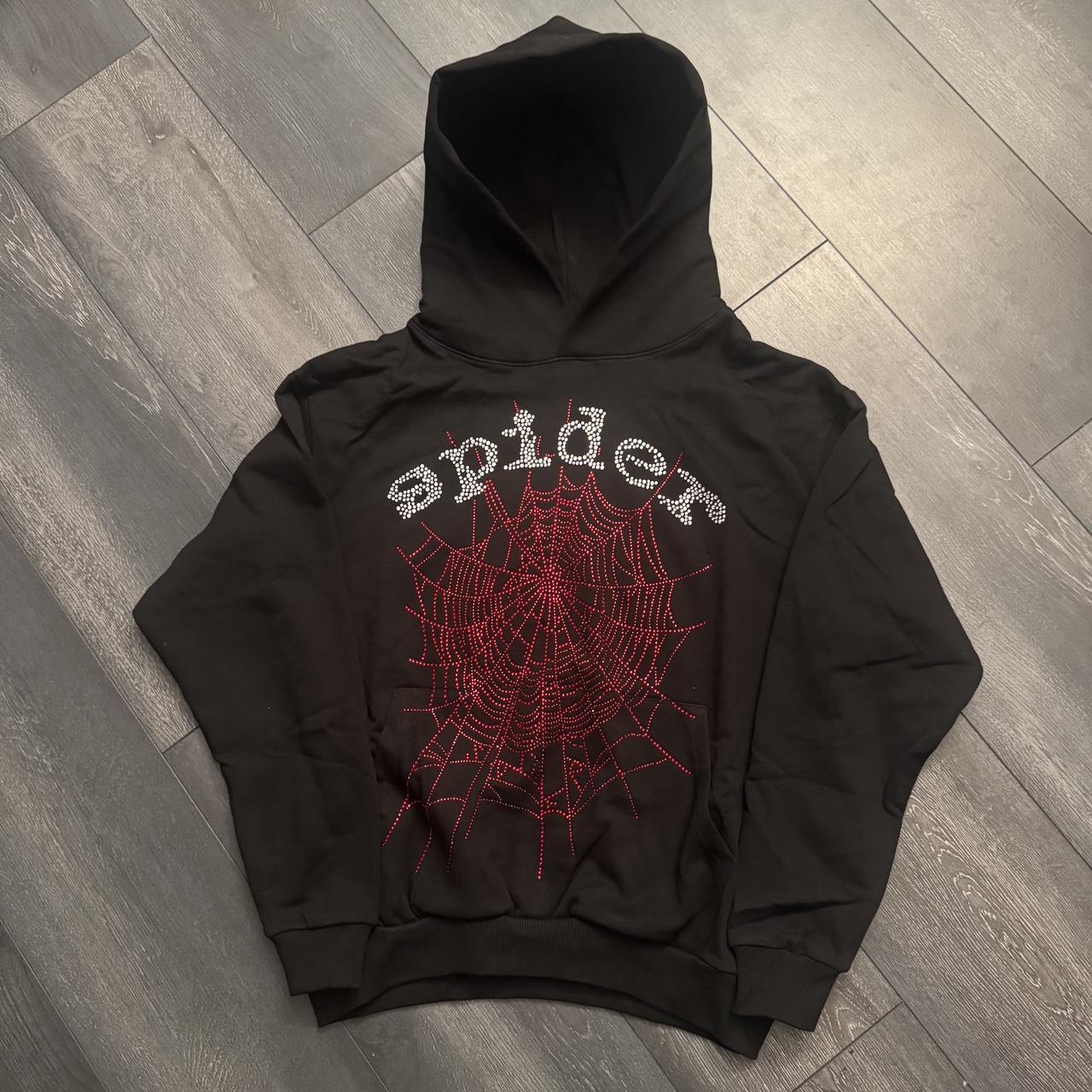 Black & Red Rhinestone Sp5der Hoodie A great piece... | Depop