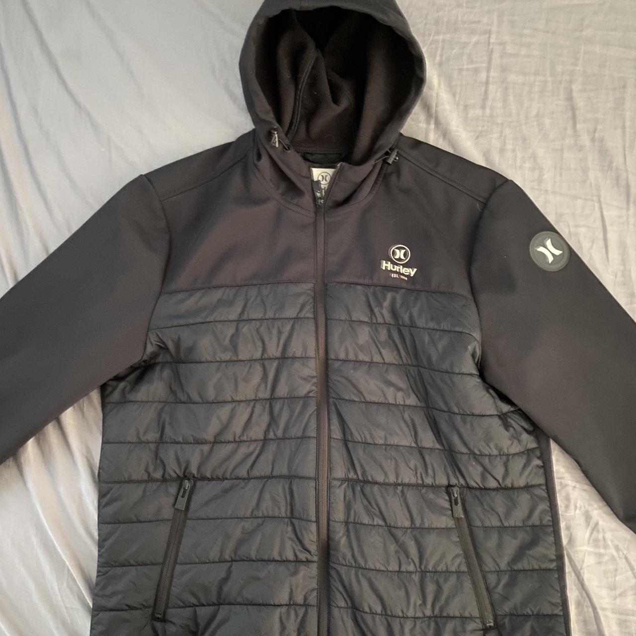 Large Black/Grey Hurley puffer jacket #hurley... - Depop