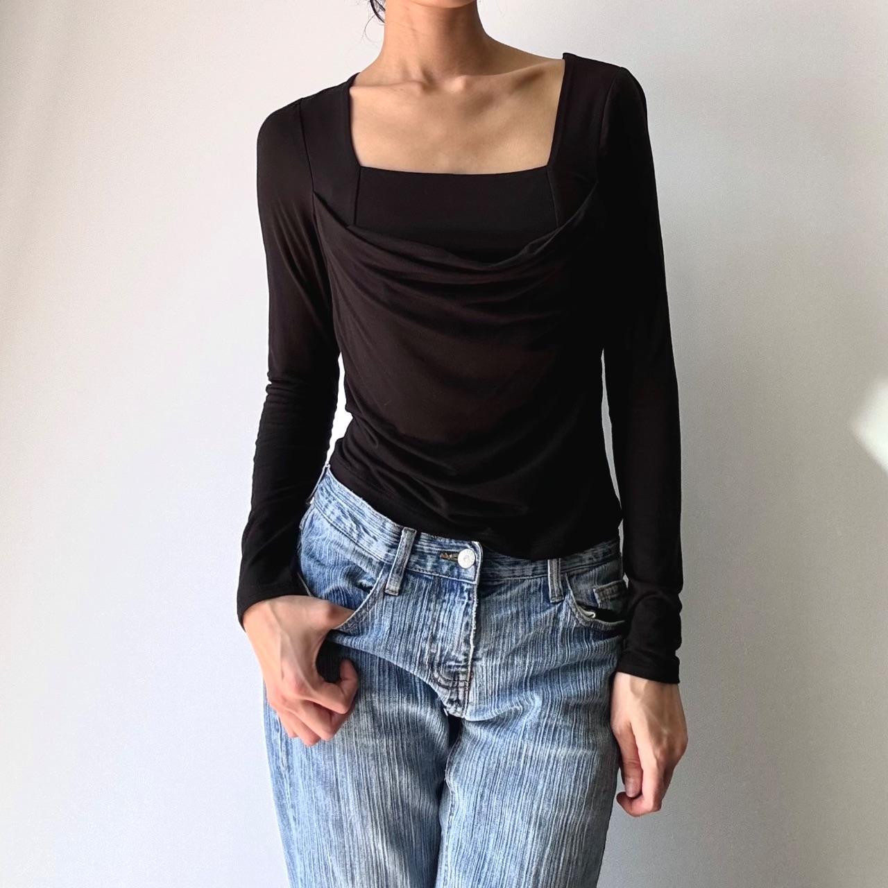 Long sleeve square neck top with cowl draped front •... - Depop