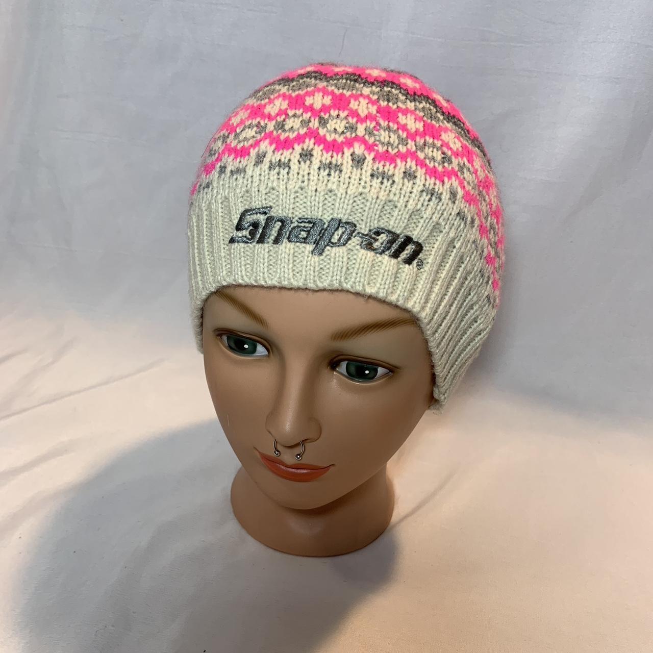 Pink and White Snap On Brand Beanie #SnapOn... - Depop