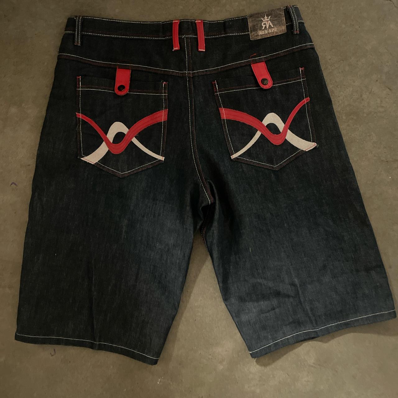 -RED APE JORTS -CRAZY EMBROIDERIES -SZ... - Depop