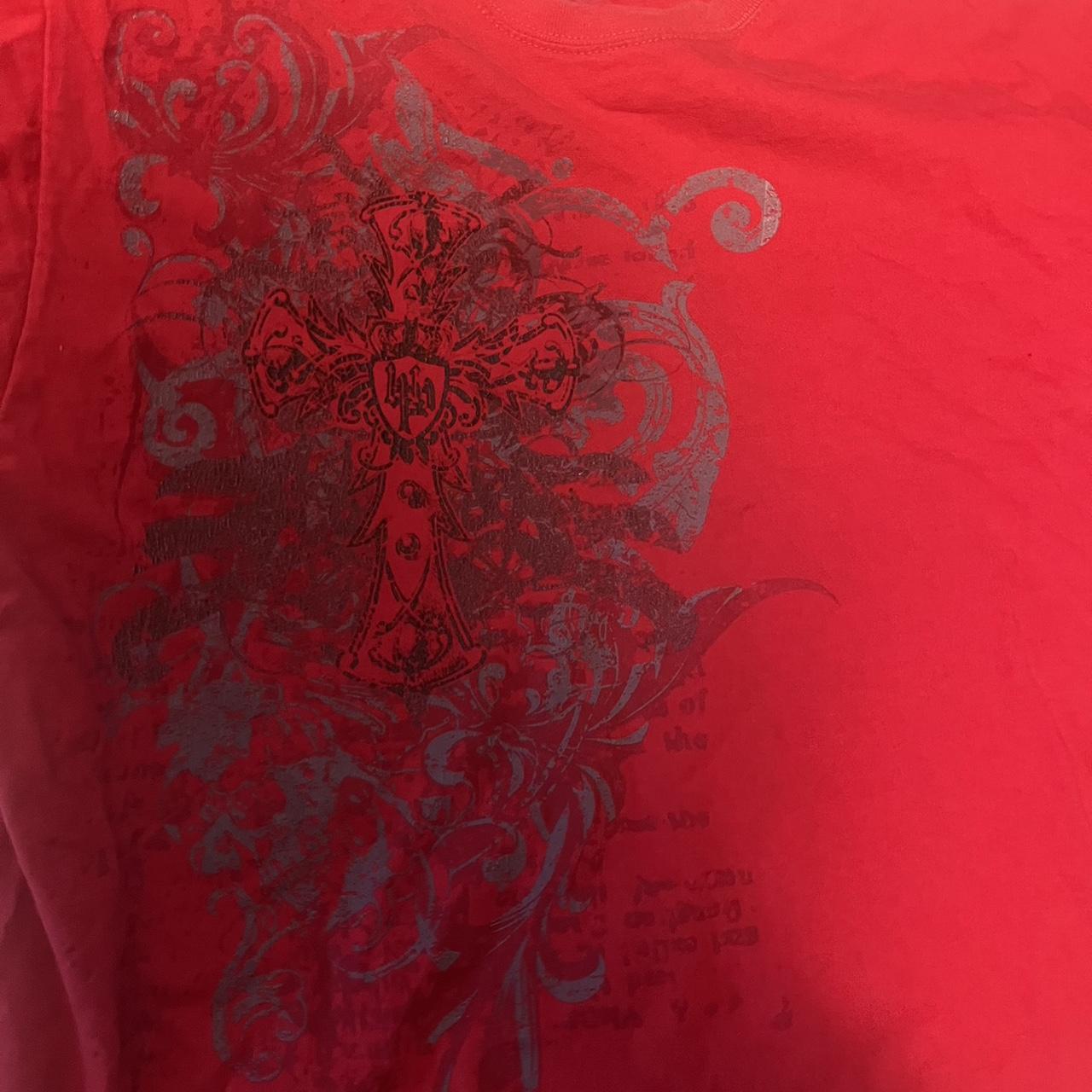 red affliction type shirt print is crscked a... - Depop